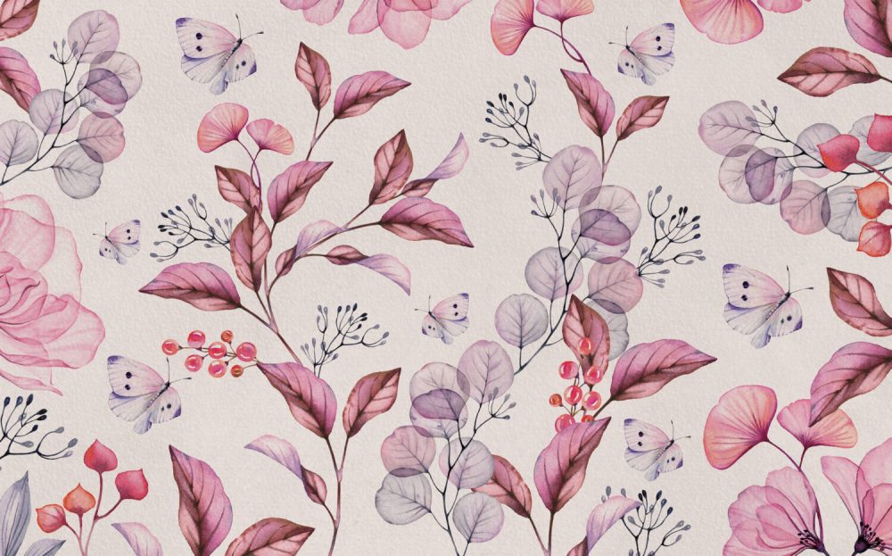 Soft Pembe Tonların'da Çicekler Ve Kelebek Duvar Kağıdı