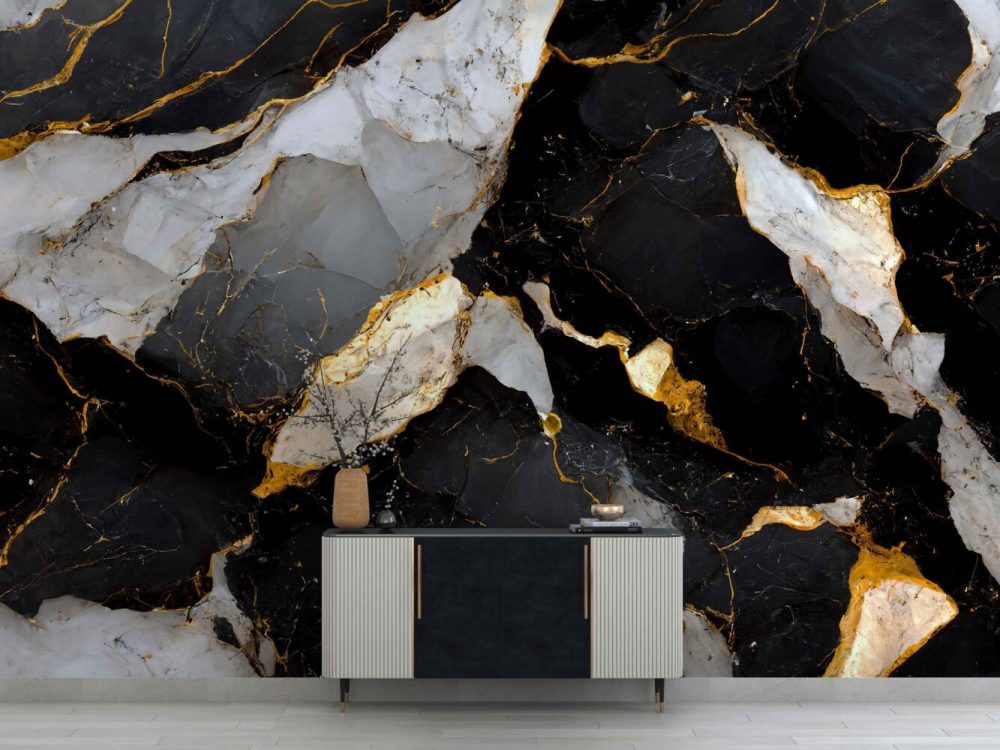 Gold Damarlı Siyah-Beyaz Mermer Desen Duvar Kağıdı